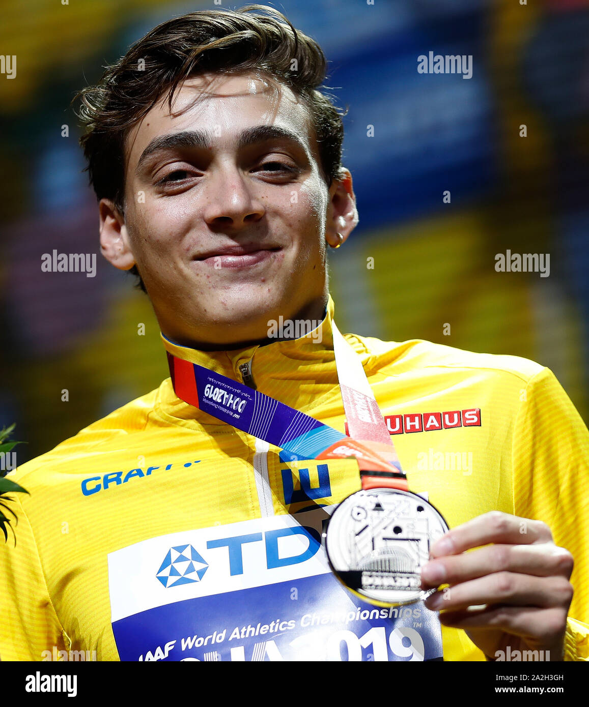 Doha, Qatar. 2nd Oct, 2019. Silver medalist Armand Duplantis of Sweden ...