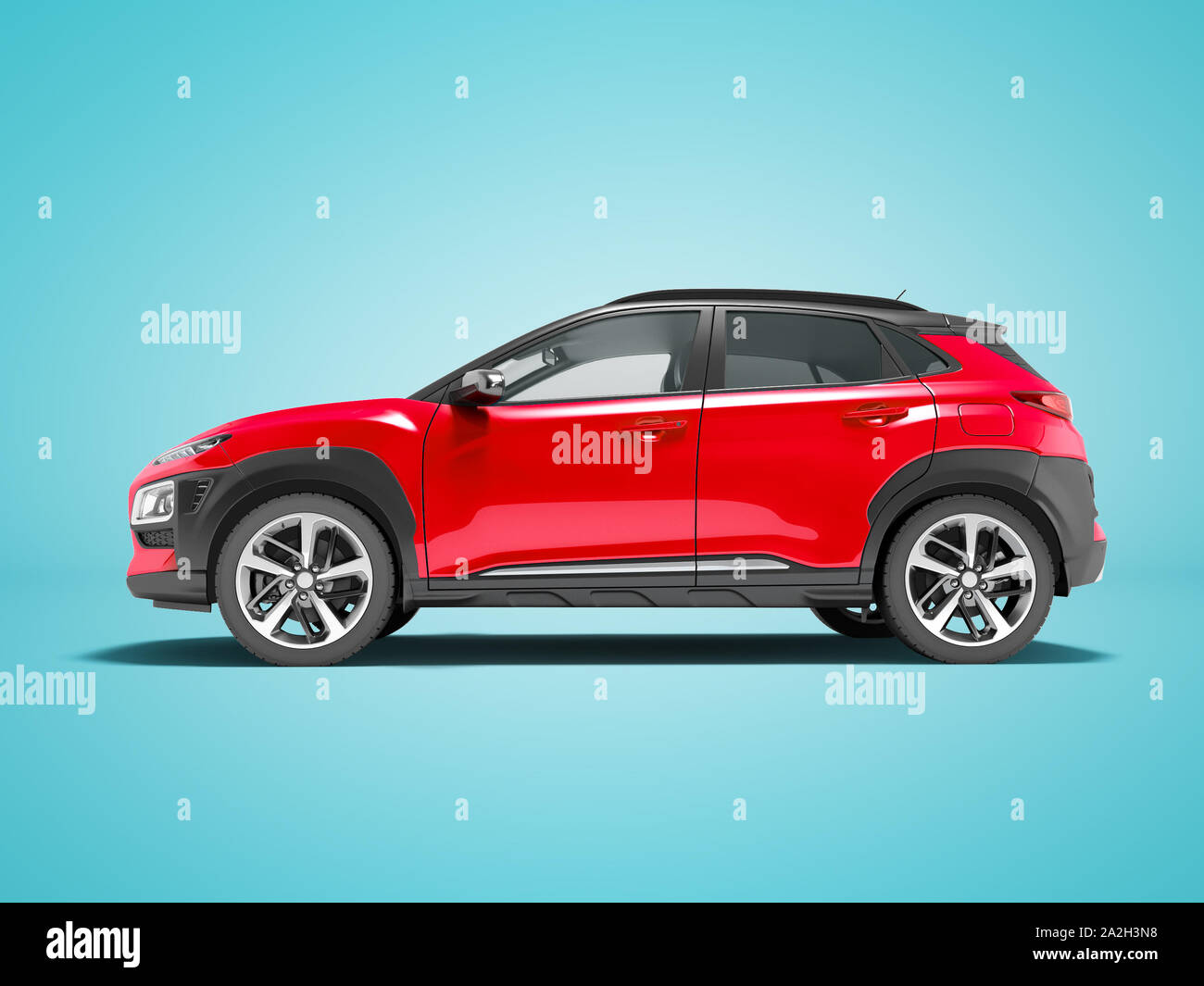 Modern red car crossover side view 3d render on blue background with ...
