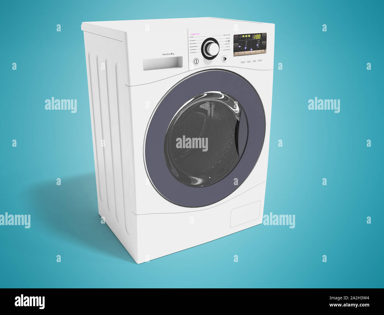 Modern white washing machine for washing clothes 3d rendering on blue ...