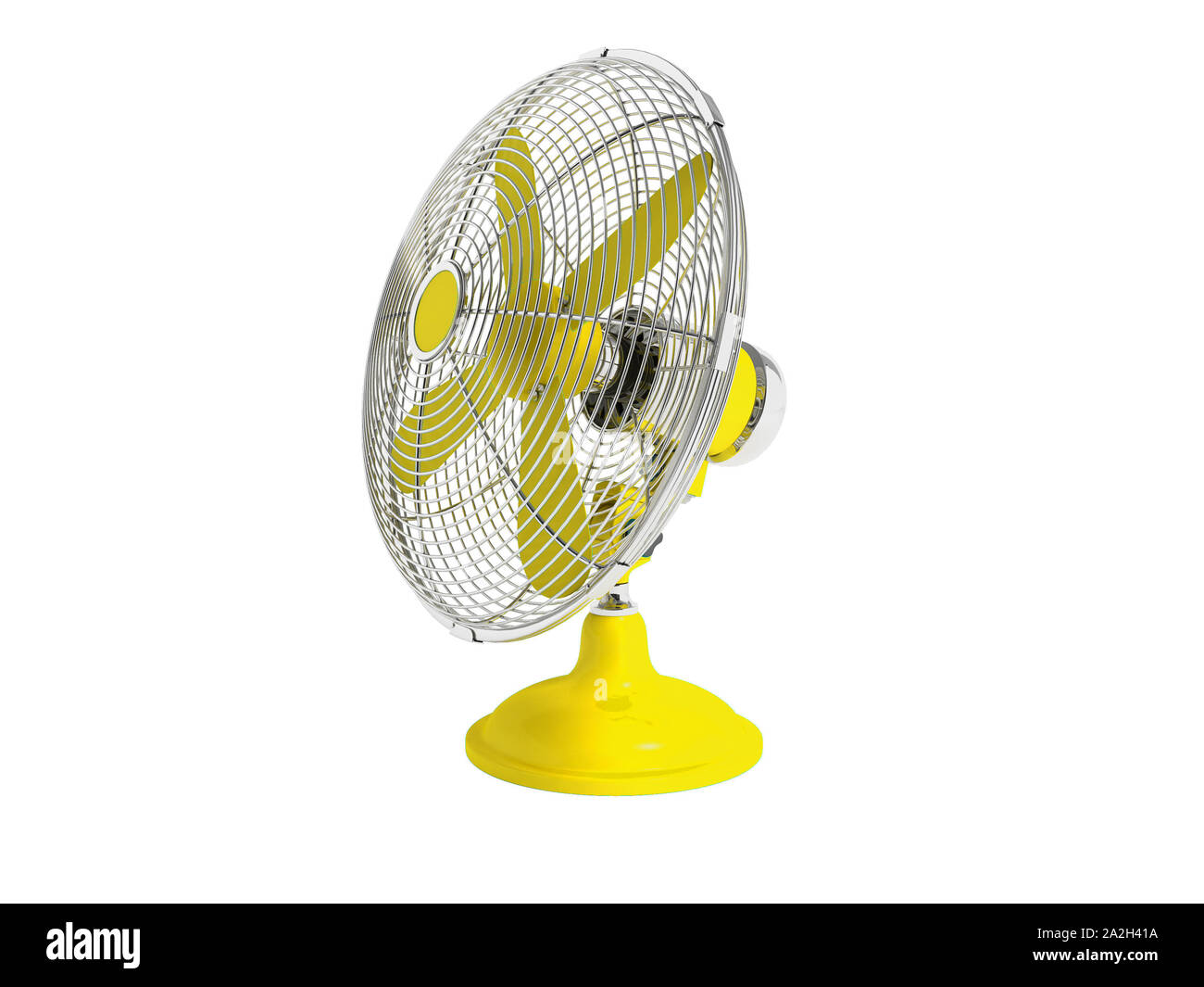 Modern yellow fan on the table to cool the room on the right 3d render ...