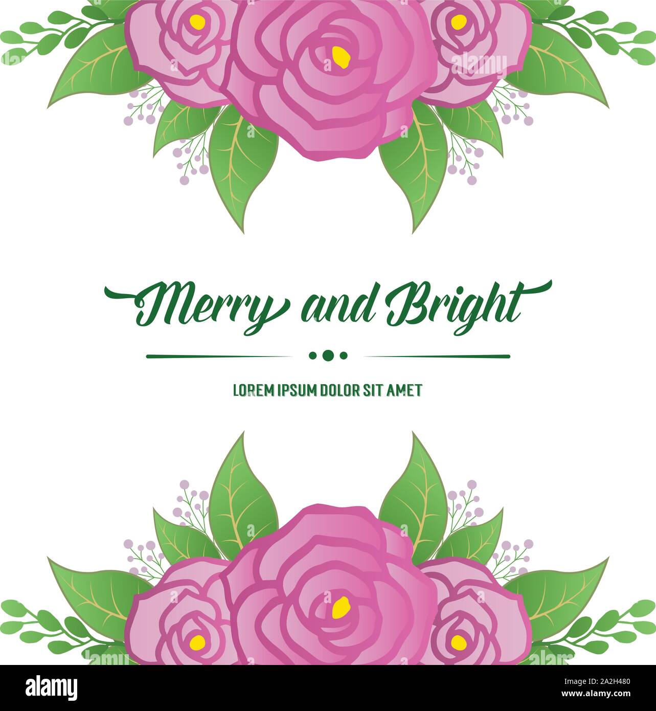 Lettering of hand drawn merry and bright, with decorative of pink rose ...