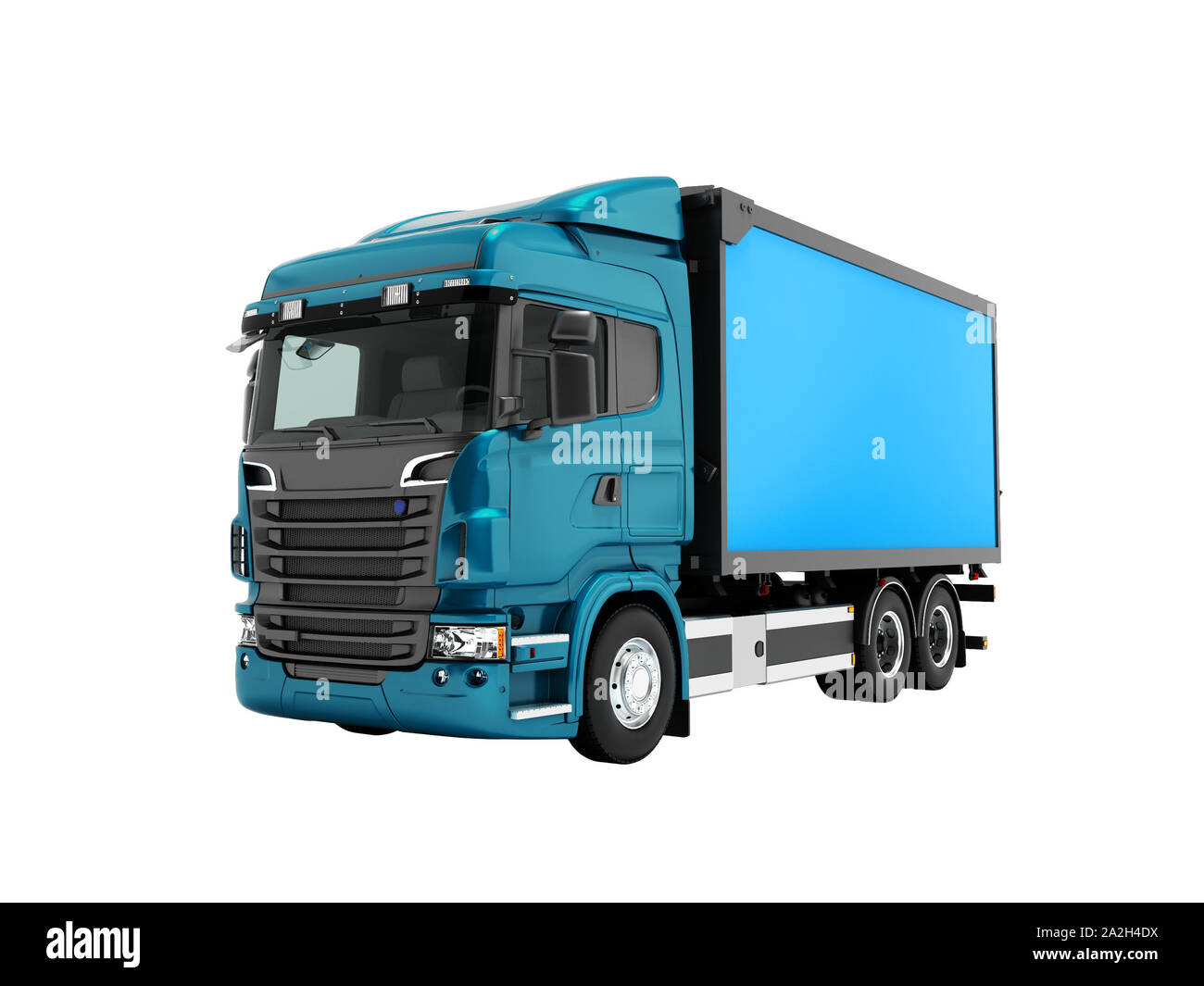 Modern blue truck with blue trailer to transport goods around the city ...