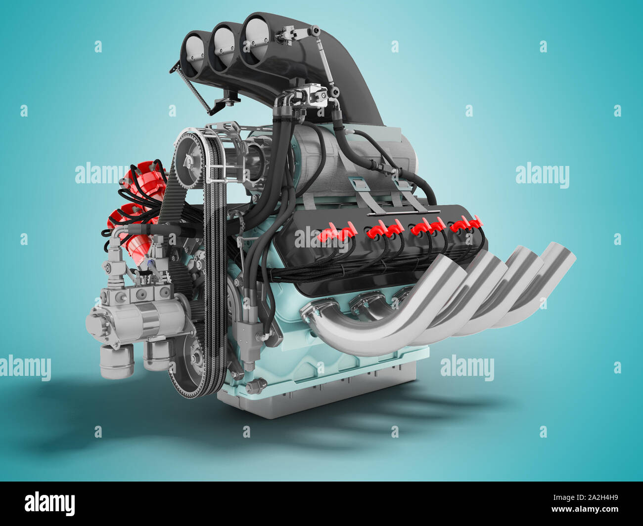 Modern gray automotive V engine with turbine with blue inserts 3d ...