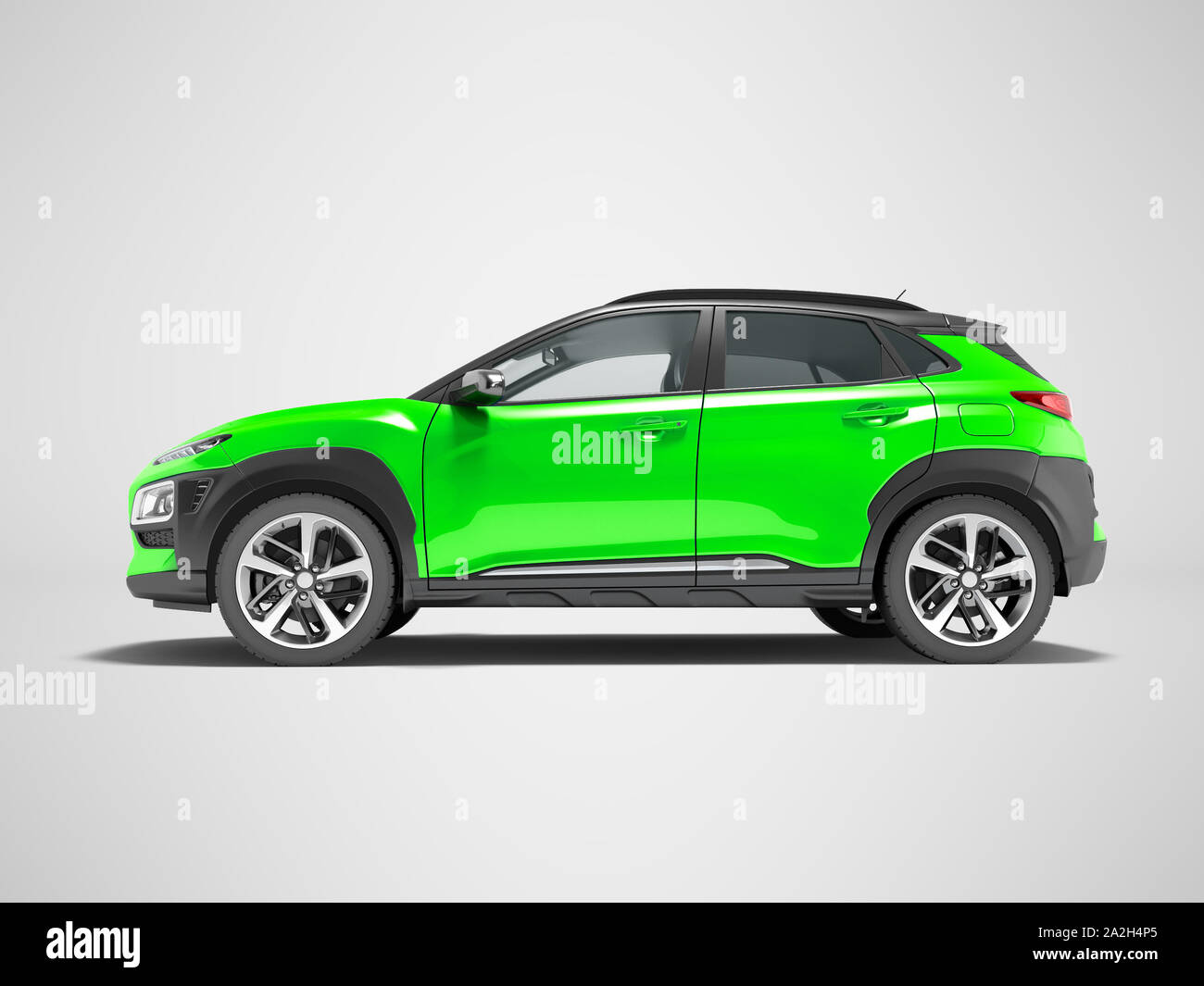 Modern green car crossover side view 3d render on gray background with ...