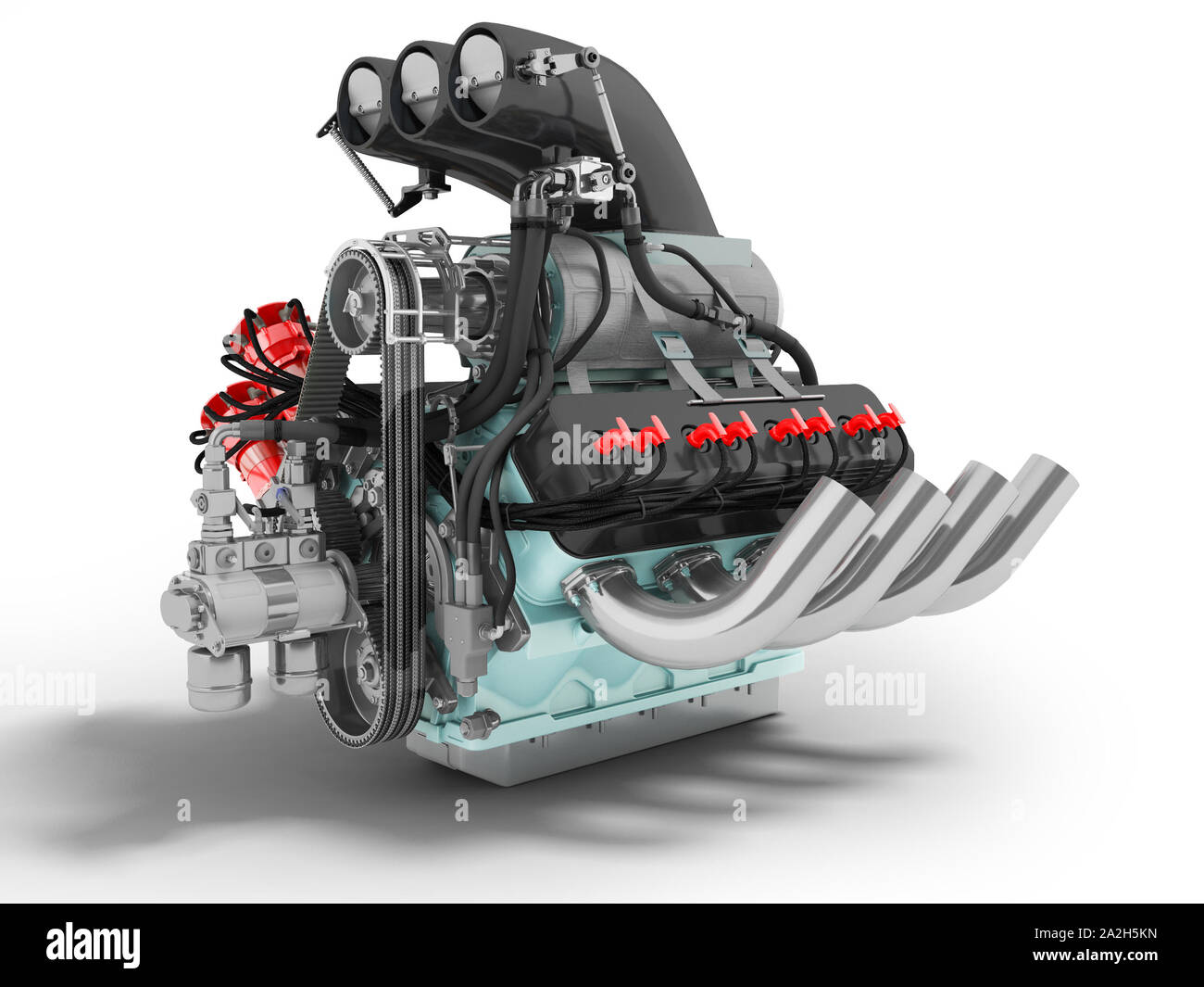 Modern gray automotive V engine with turbine with blue inserts 3d ...