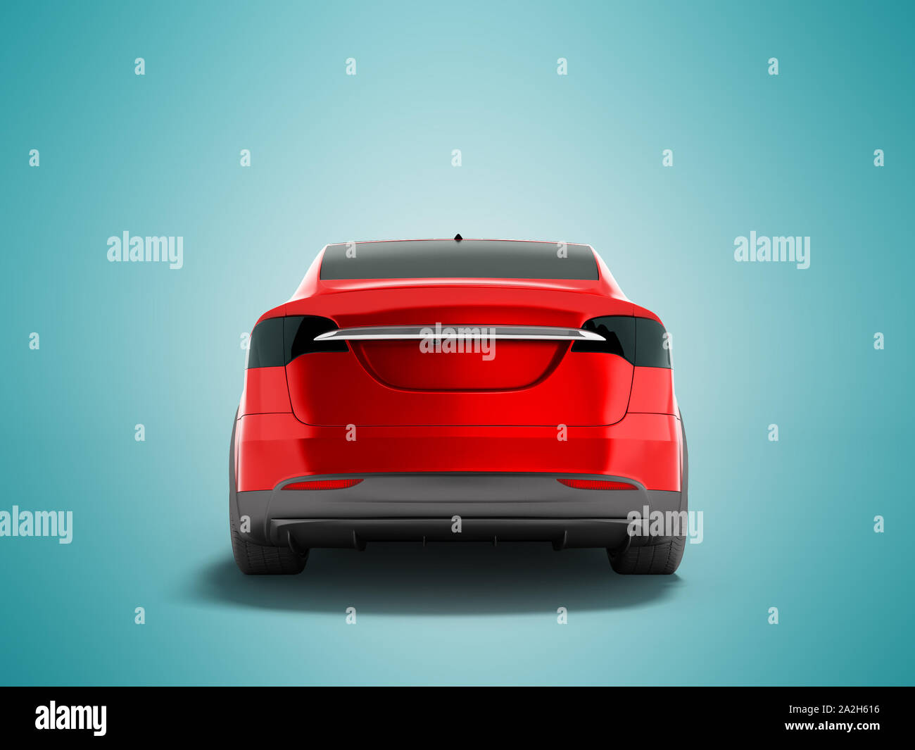 Modern red electric car for travel with family behind 3d render on blue ...
