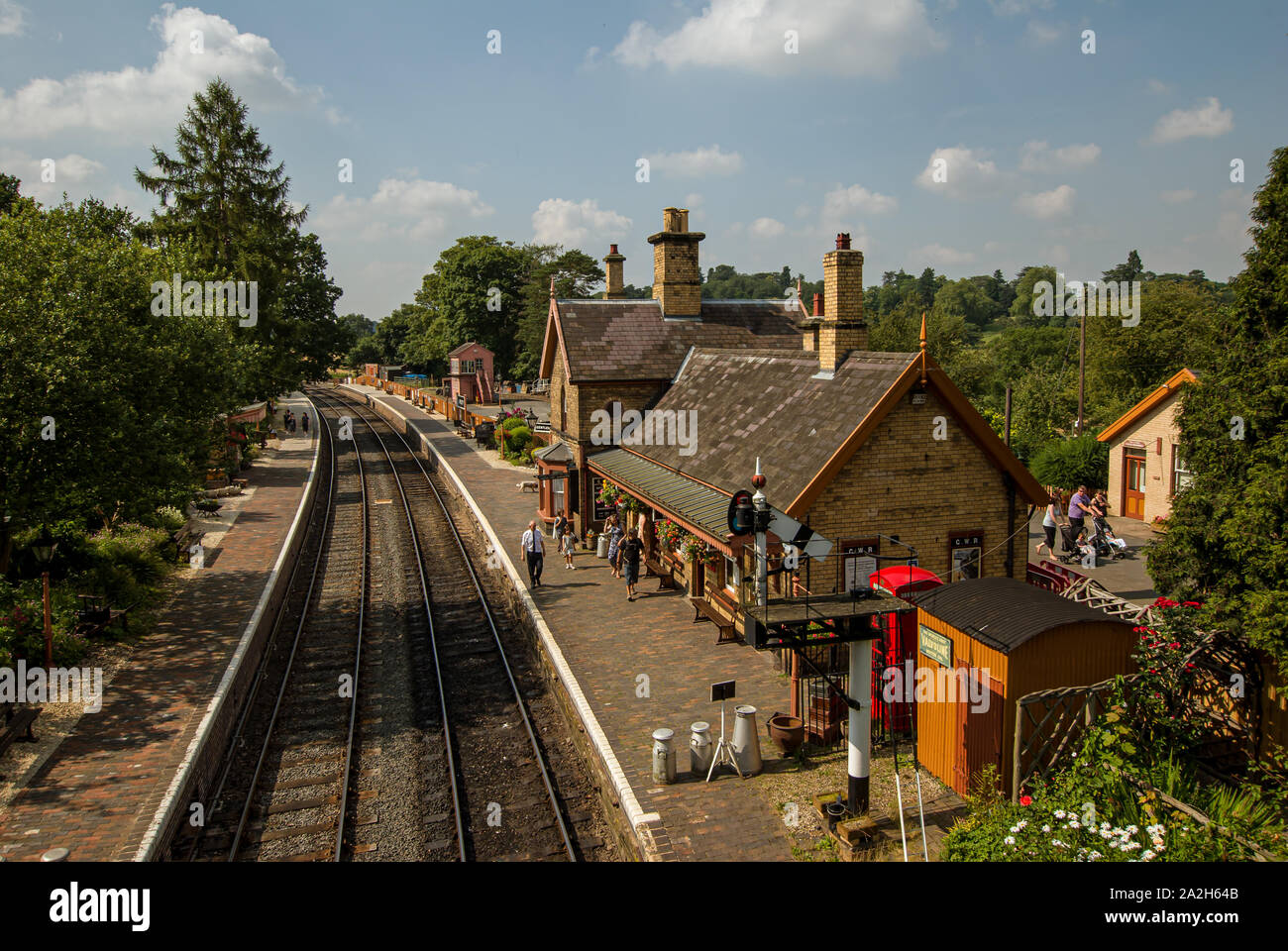 View of a railway station platform from above with railway lines ...