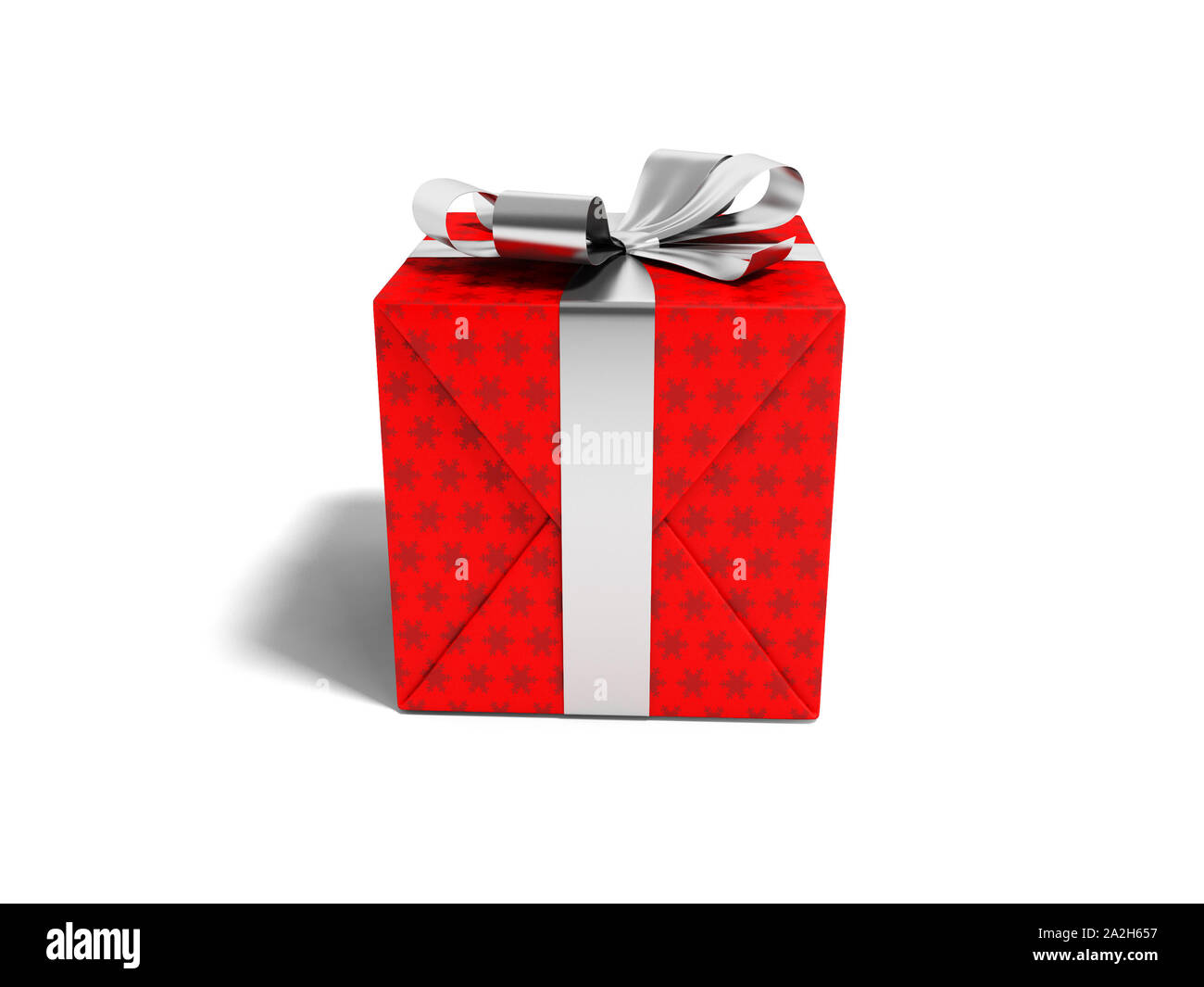 Modern red gift with silver ribbon and bow 3d rendering on white ...