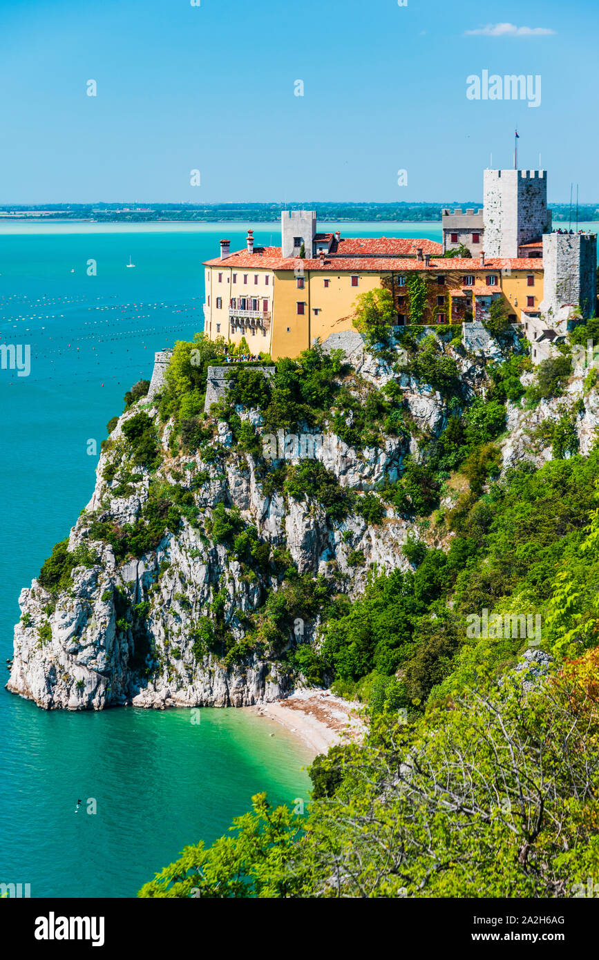 Gulf of Trieste. High cliffs Between boats, karst rocks and ancient castles. Duino. Italy Stock ...