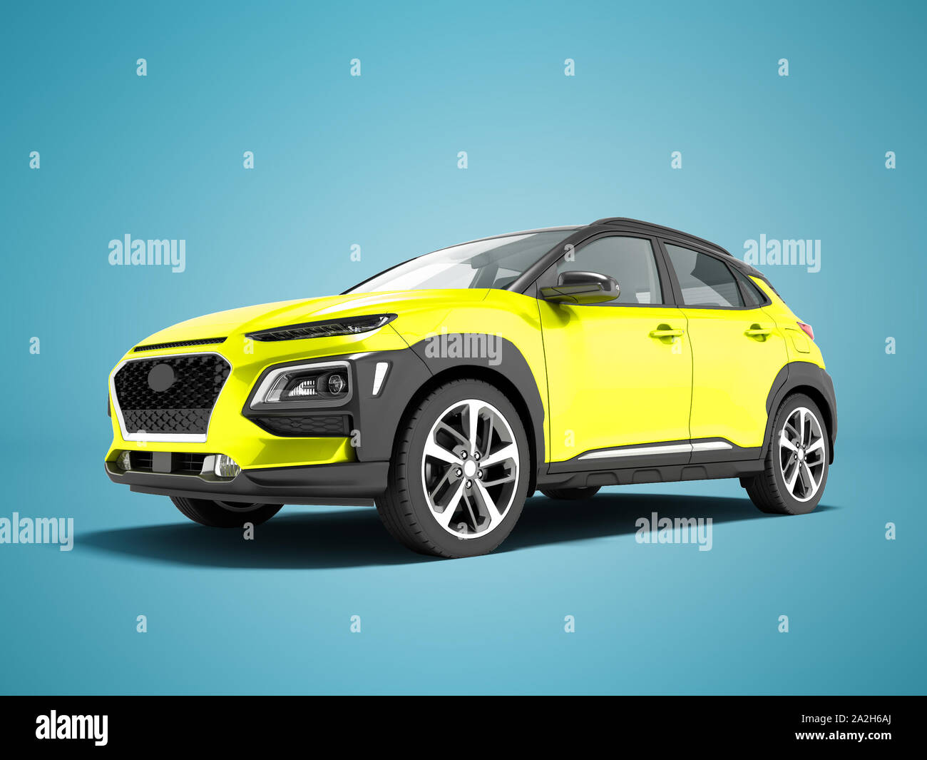 Modern yellow car crossover in front 3d render on blue background with ...
