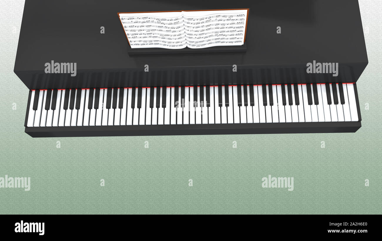 3D illustration of piano keyboard and musical notebook, with green ...