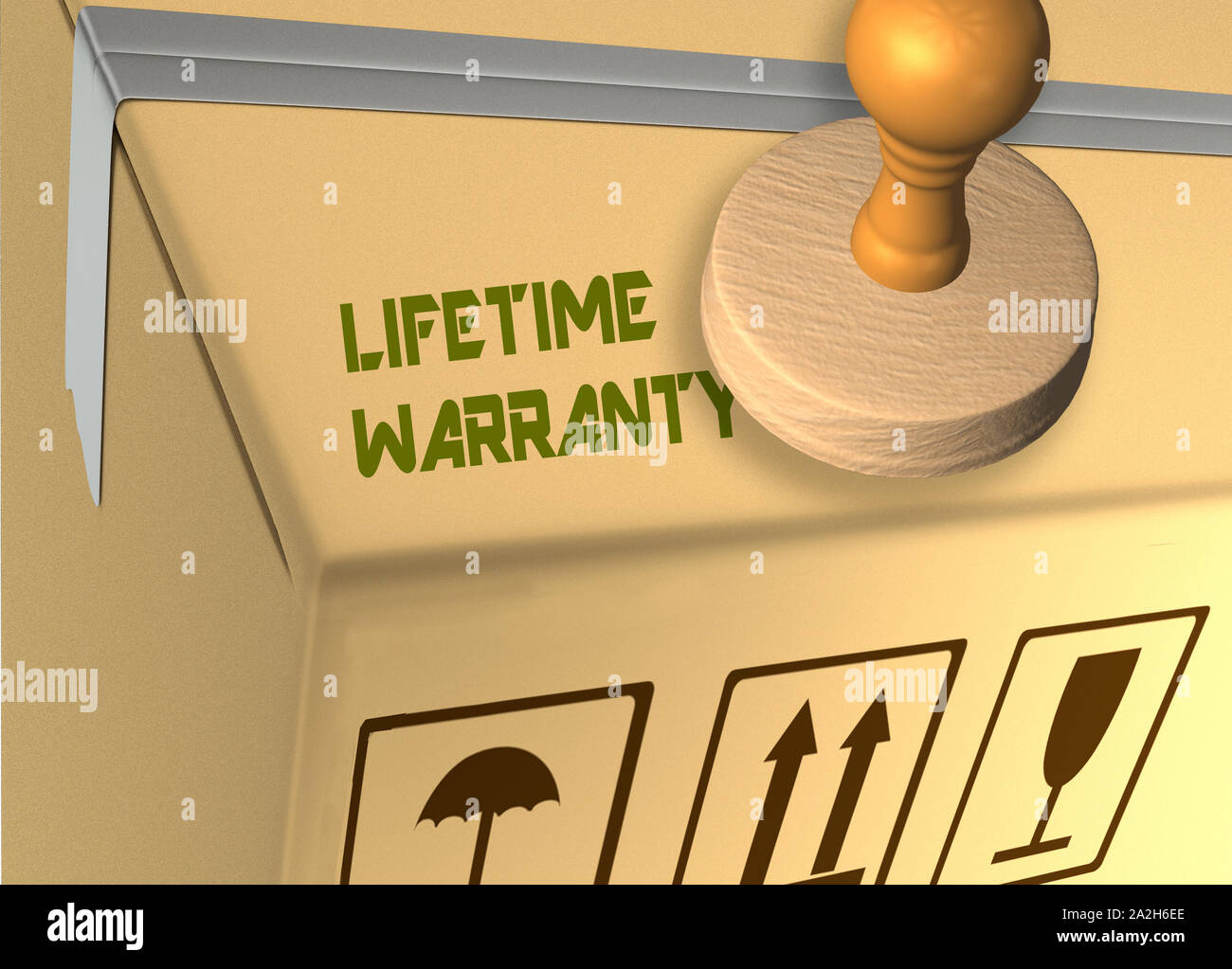 3D illustration of LIFETIME WARRANTY stamp title on a carton which ...