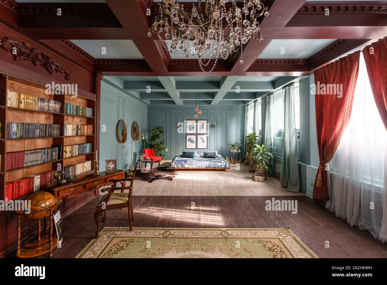 Russia, Nizhny Novgorod - September 15, 2018. Leona stage - Modern spacious photo studio. Bright ...