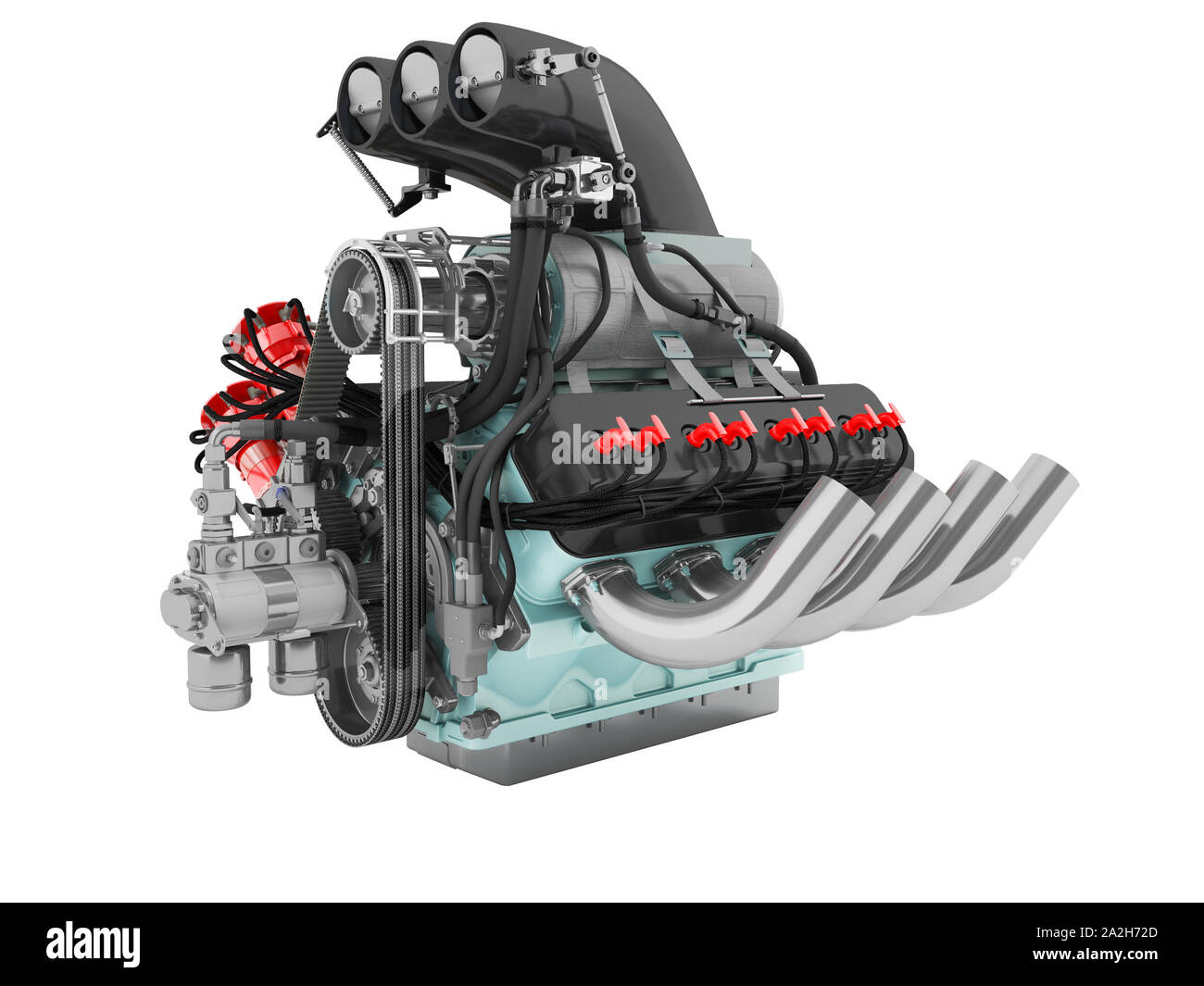 Modern gray automotive V engine with turbine with blue inserts 3d ...