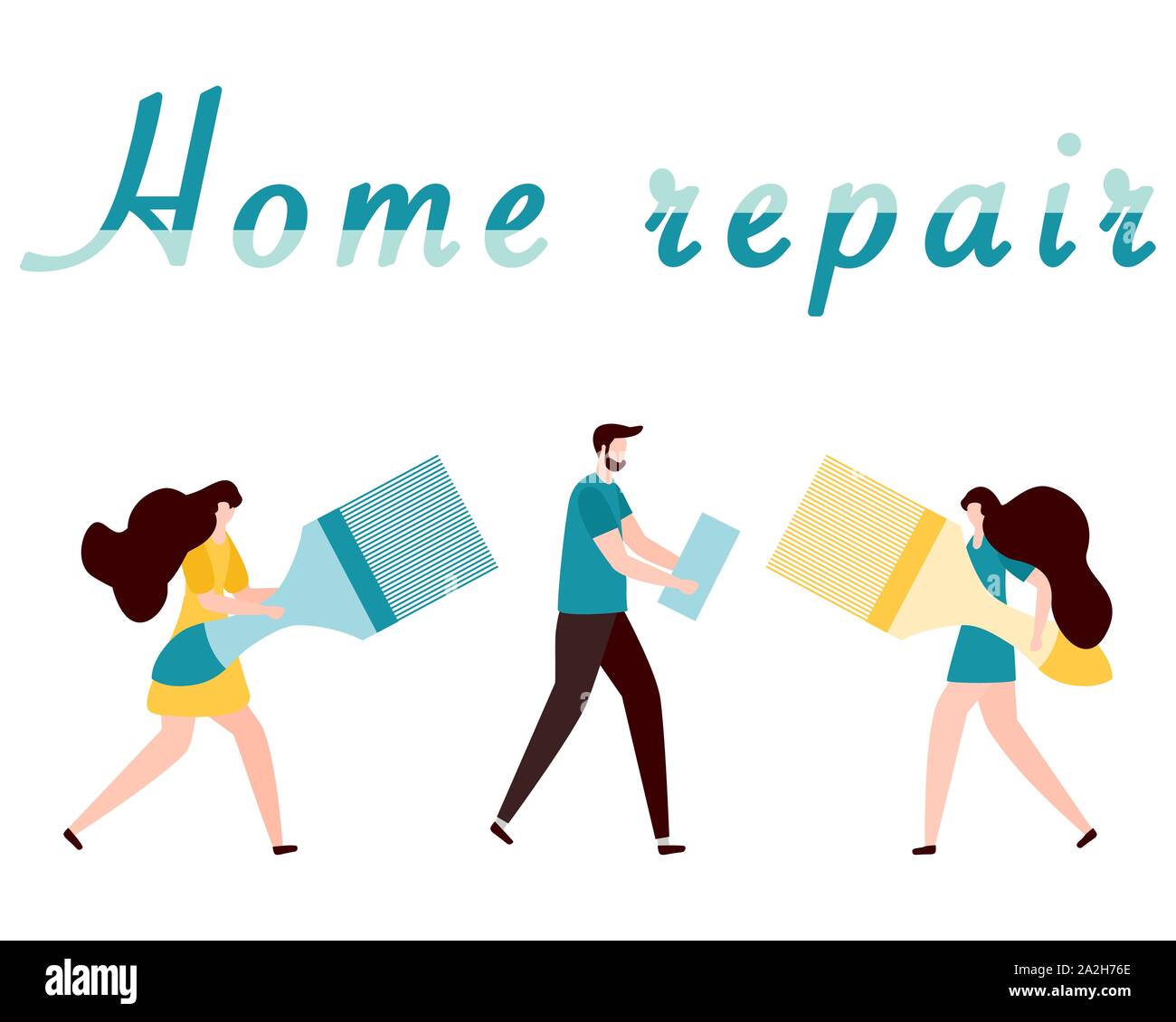 Vector illustration with people holding tools for painting works, home ...