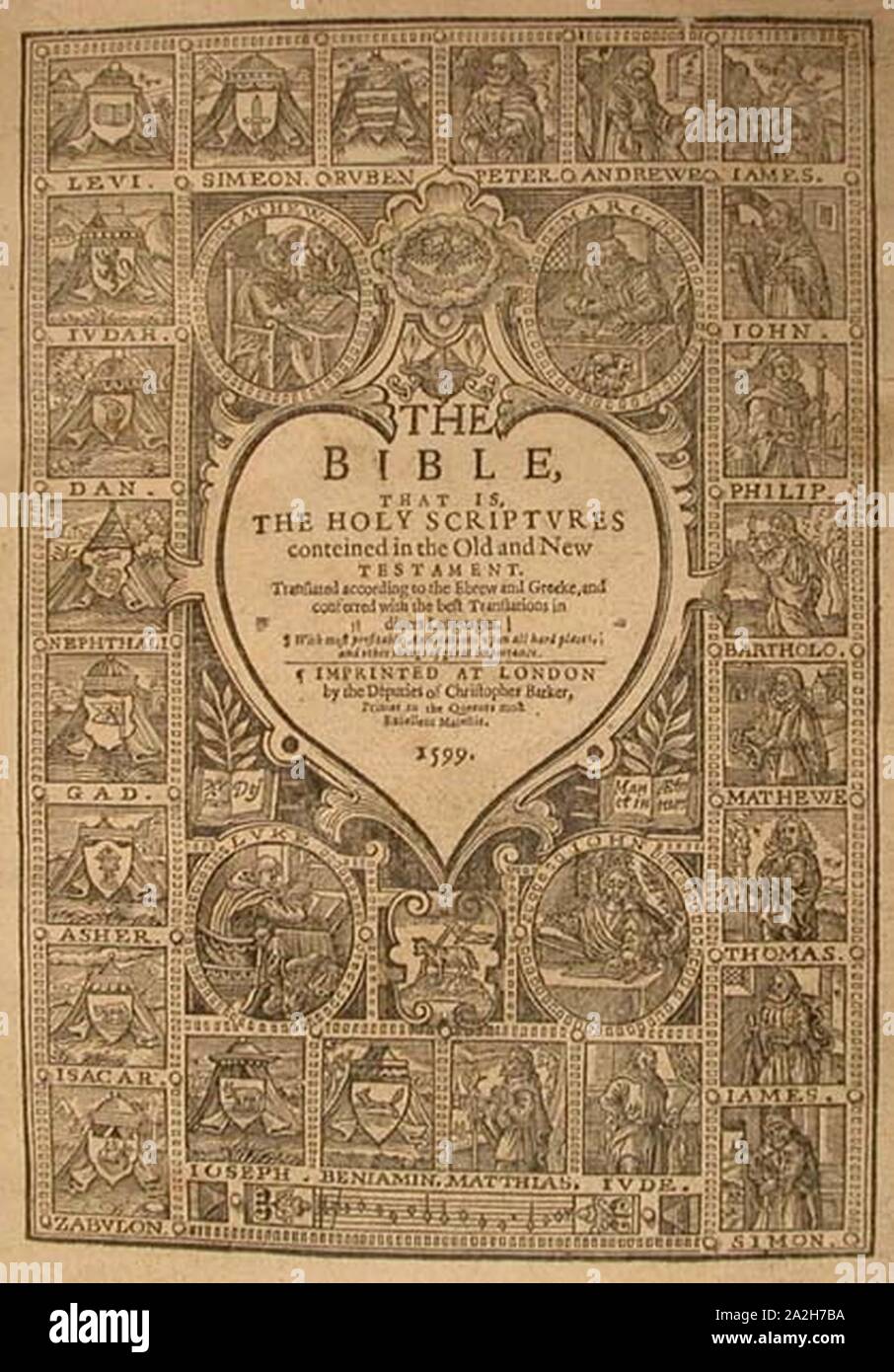 Engraved title page - a 1599 Bible titlepage2 Stock Photo - Alamy