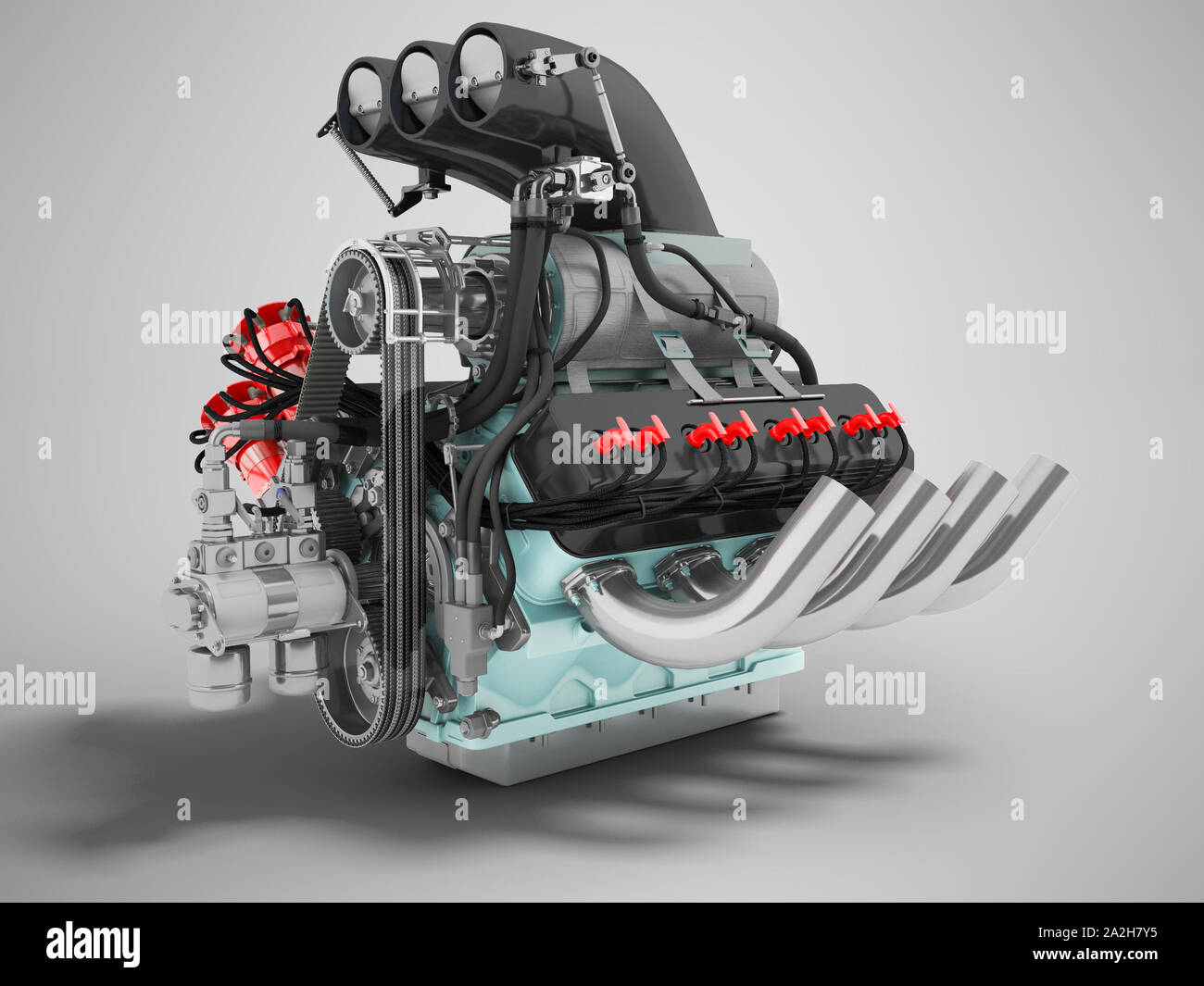 Modern gray automotive V engine with turbine with blue inserts 3d ...