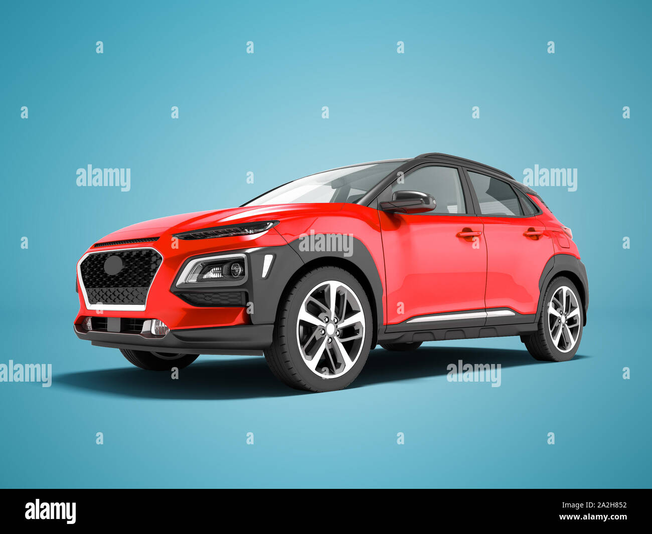 Modern red car crossover in front 3d render on blue background with ...