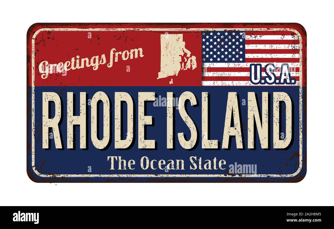 Greetings from Rhode Island vintage rusty metal sign on a white ...