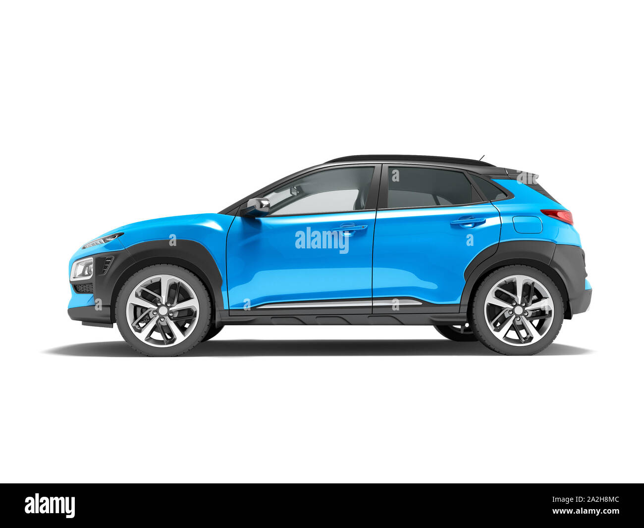 Modern blue car crossover 3D render on white background with shadow ...