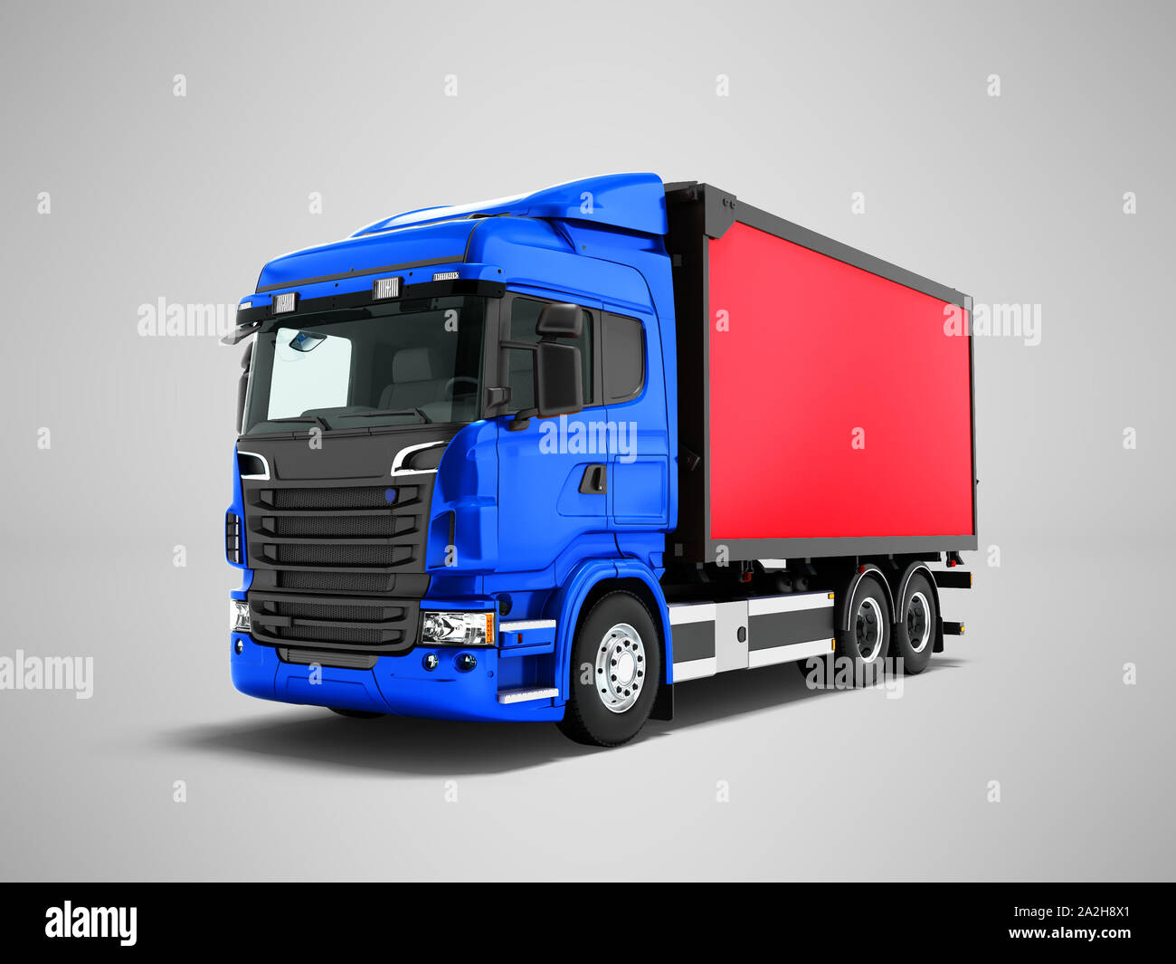 Modern dark blue truck with red trailer for transportation of goods ...