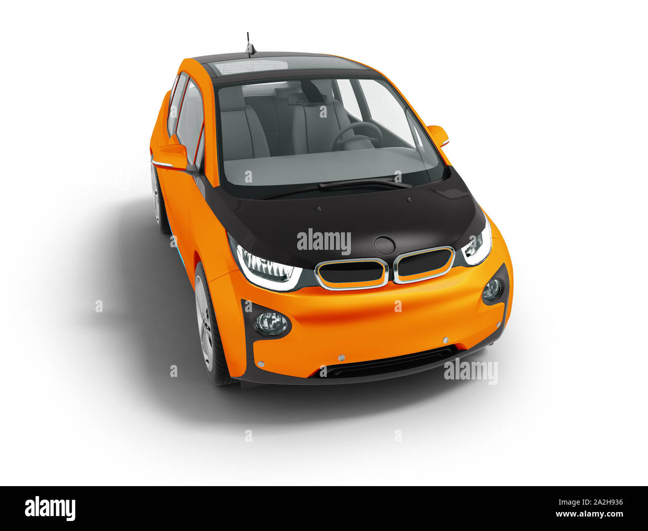 Modern orange electric car with black insets 3d render isolated on ...