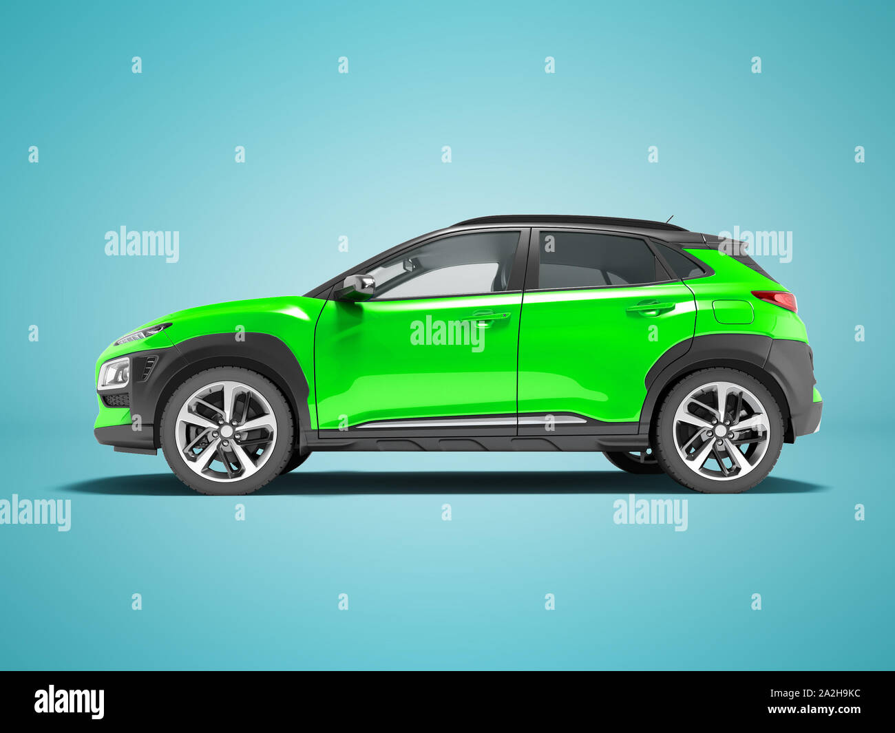 Modern green car crossover side view 3d render on blue background with ...