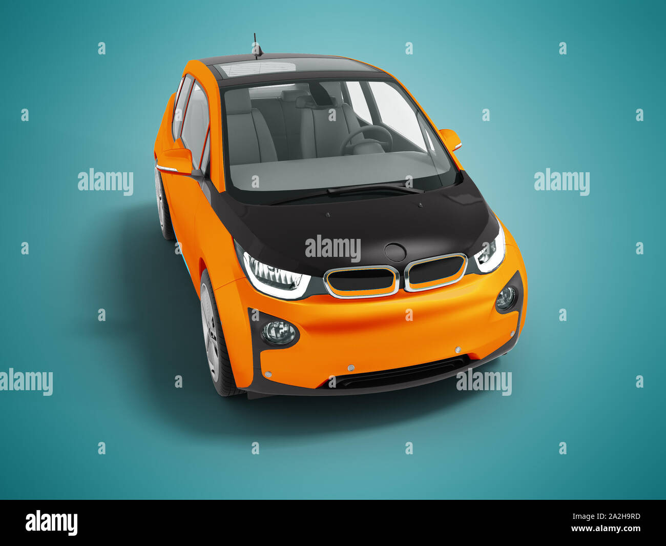 Modern orange electric car with black insets 3d render isolated on blue ...