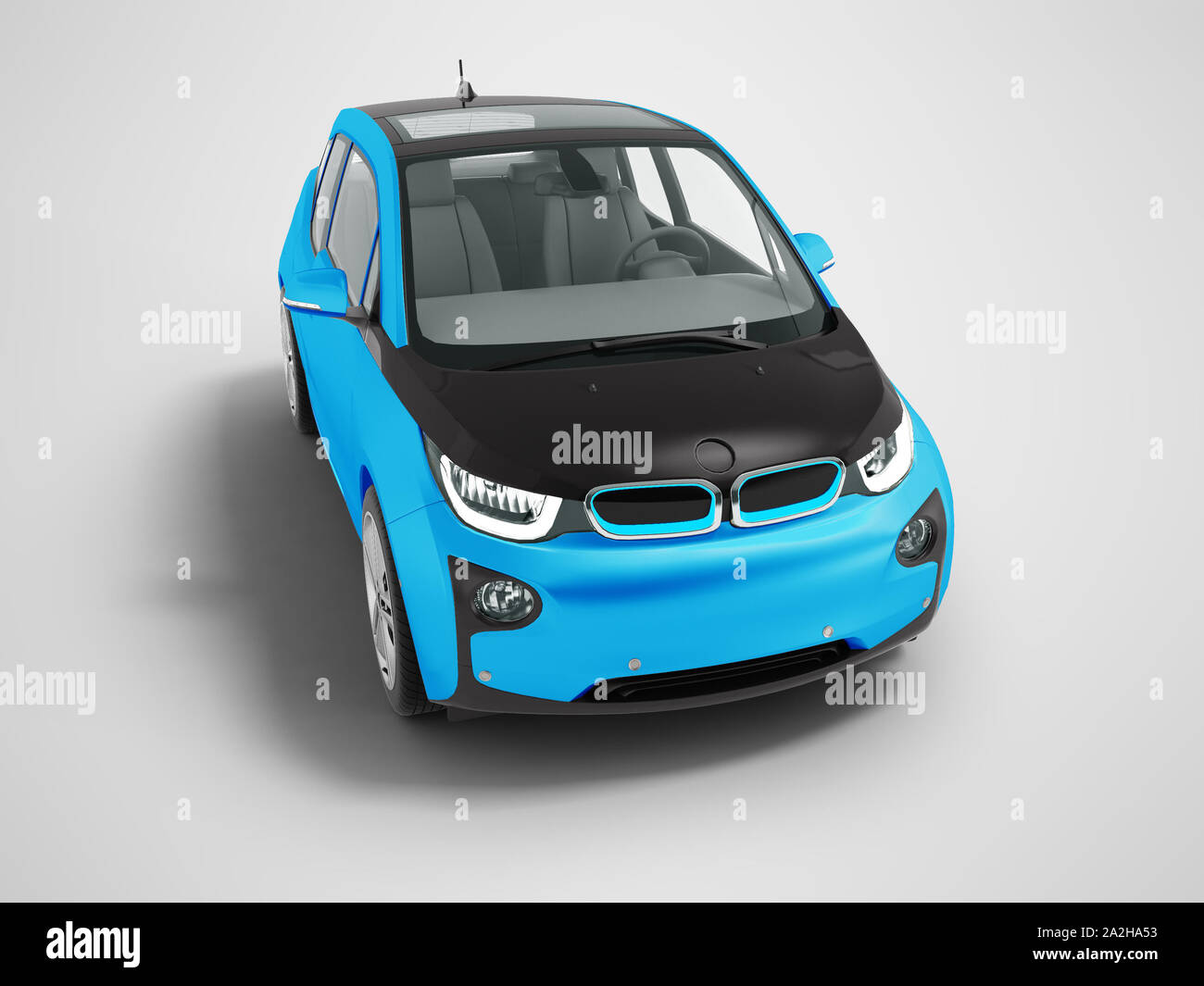 Modern blue electric car with black insets 3d render isolated on gray ...