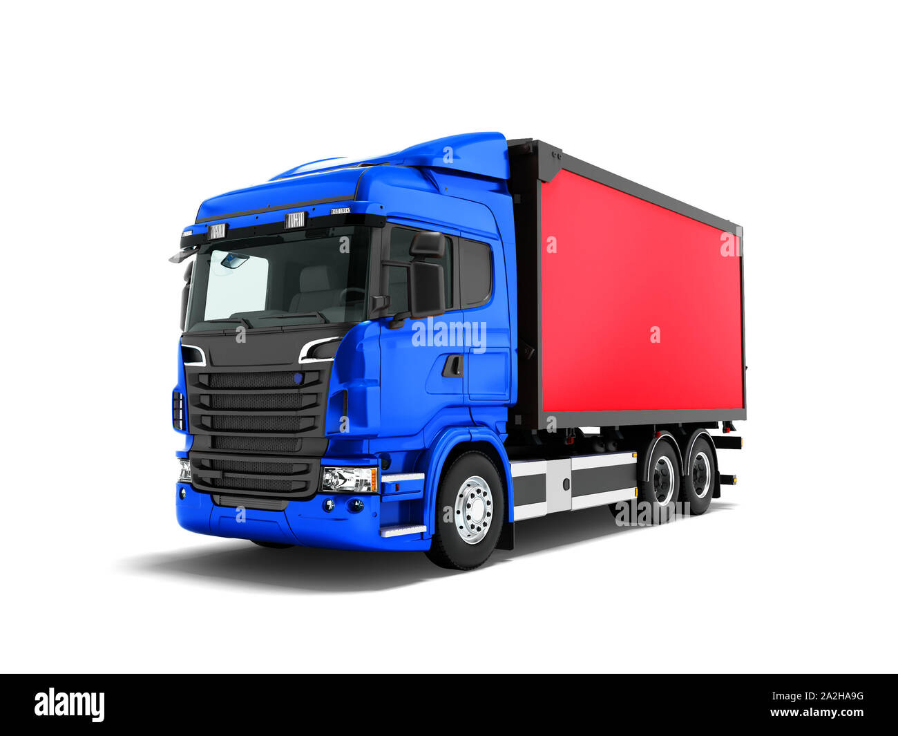 Modern dark blue truck with red trailer for transportation of goods ...