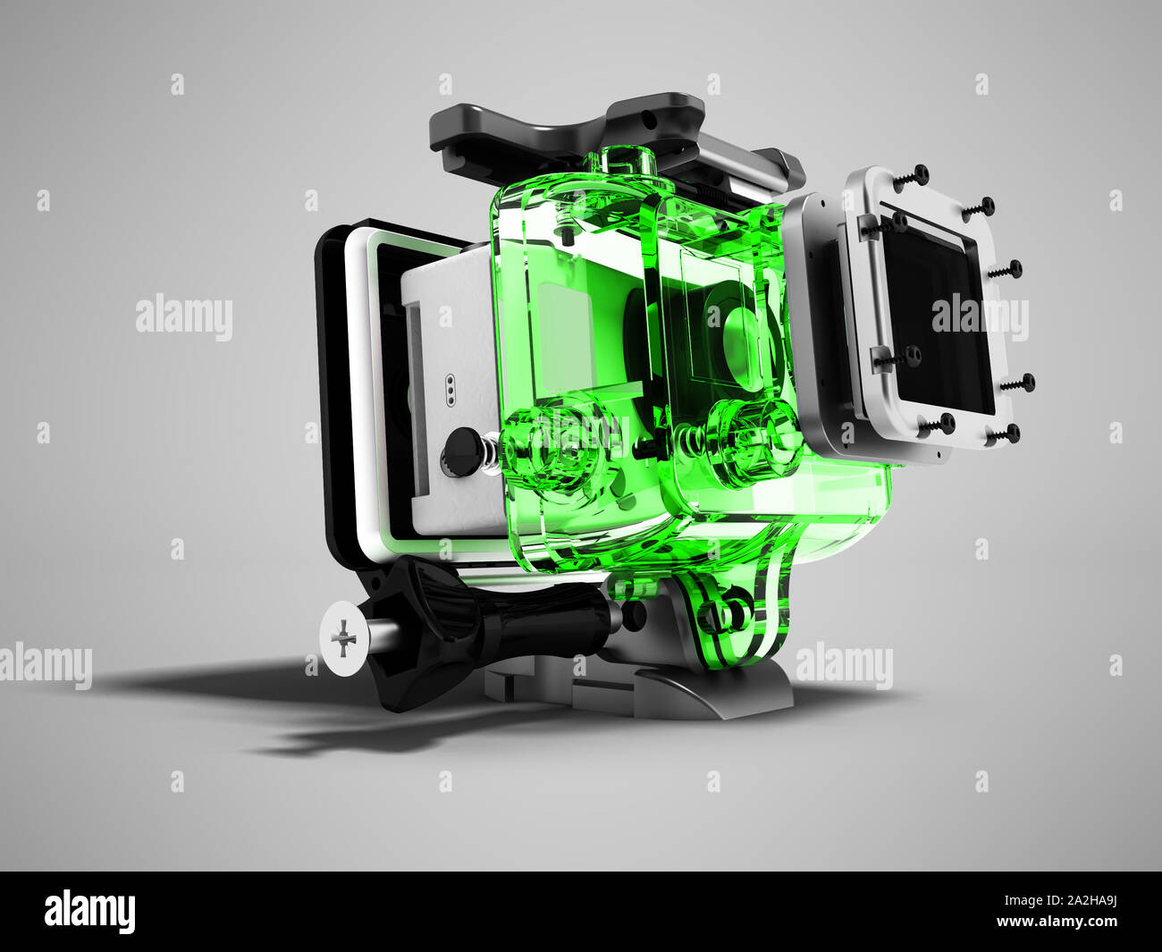 Modern green camera for extreme relaxation dismantled 3D render on gray ...