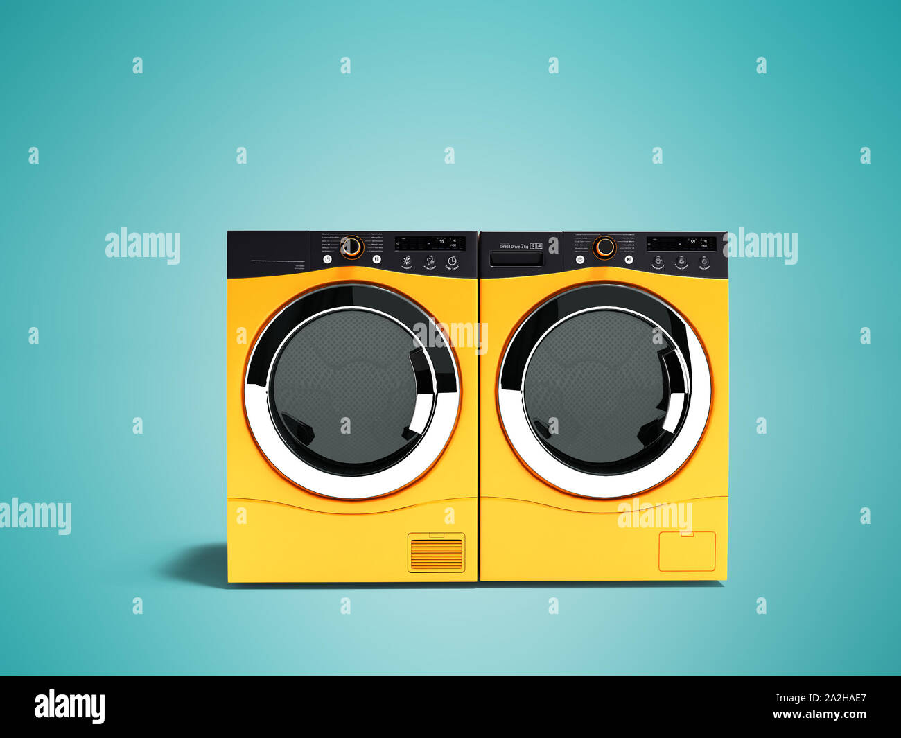 Modern orange two washing machines for large family 3d render on blue ...