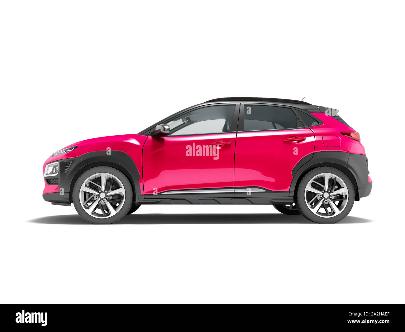 Modern pink car crossover side view 3d render on white background with ...