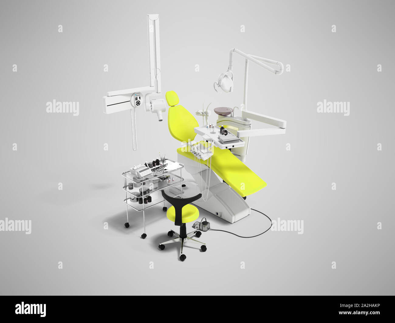 Modern yellow dental chair and bedside table with tools and appliances ...