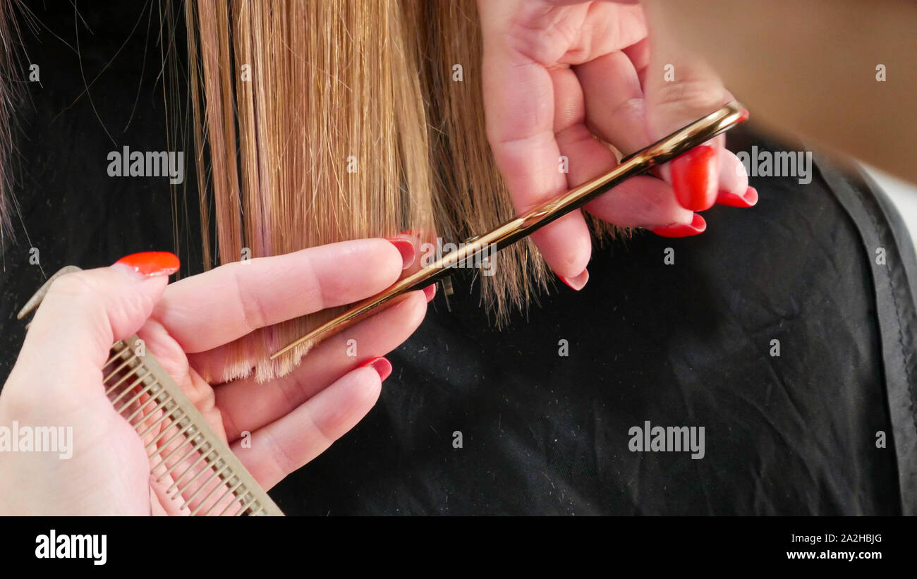 A close-up of hairdresser's hands cutting hair Stock Photo - Alamy