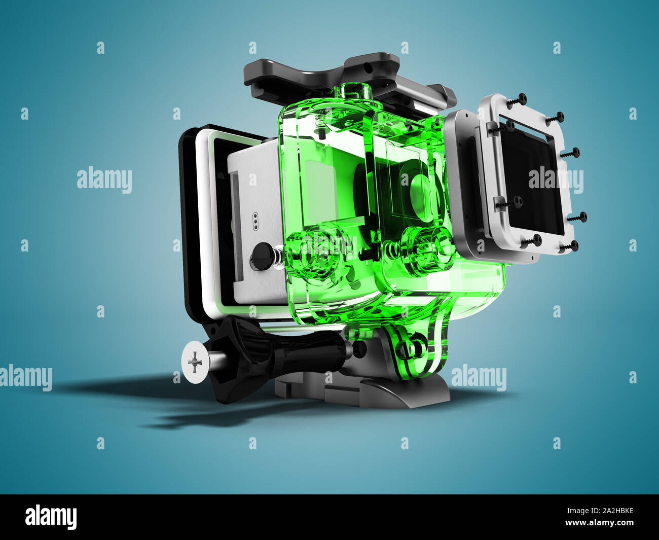 Modern green camera for extreme relaxation dismantled 3D render on blue ...