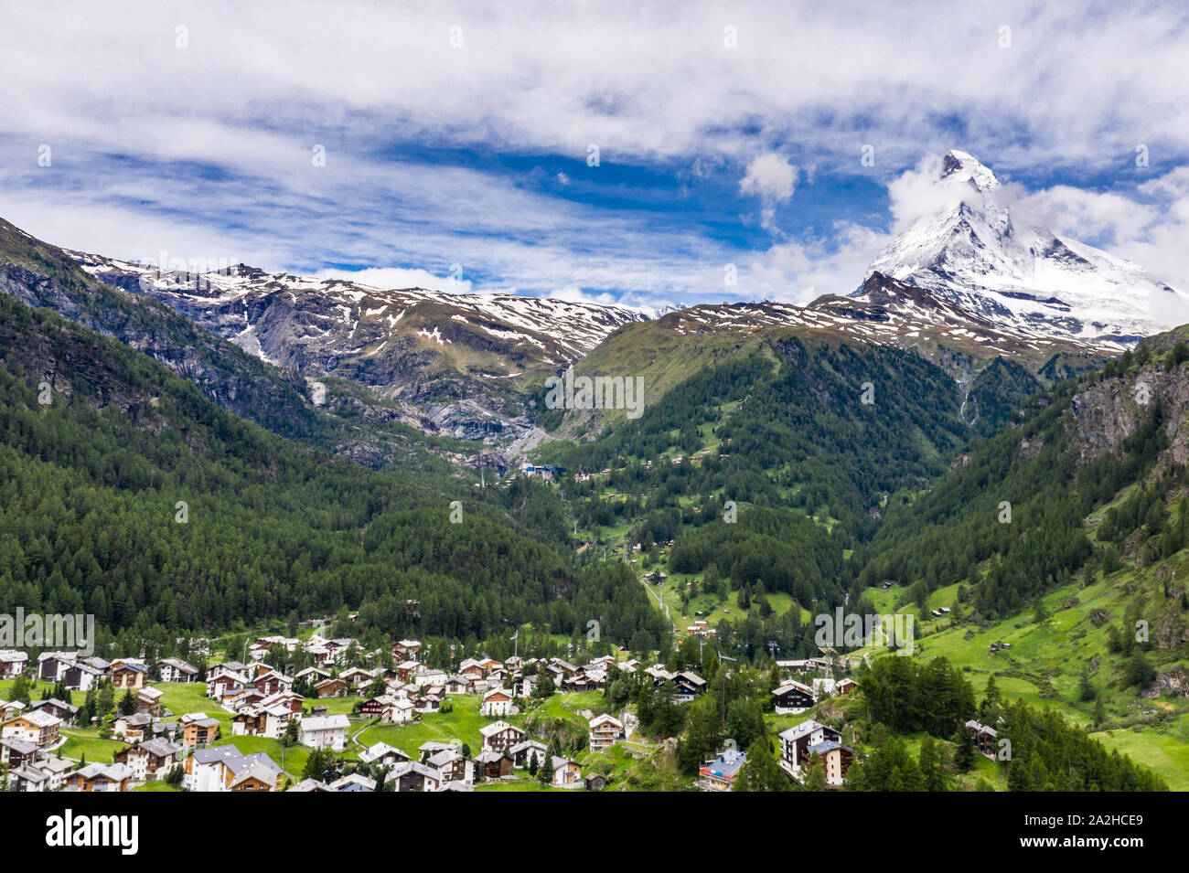 Beautiful aerial scenery of Zermatt Valley and Matterhorn Peak ...