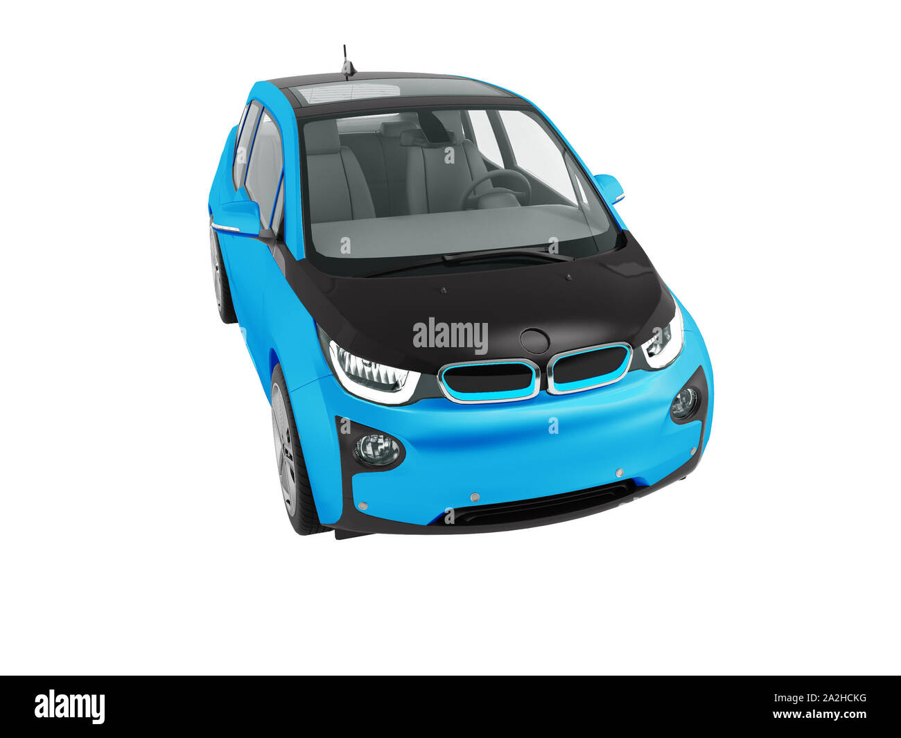 Modern blue electric car with black insets 3d render isolated on white ...