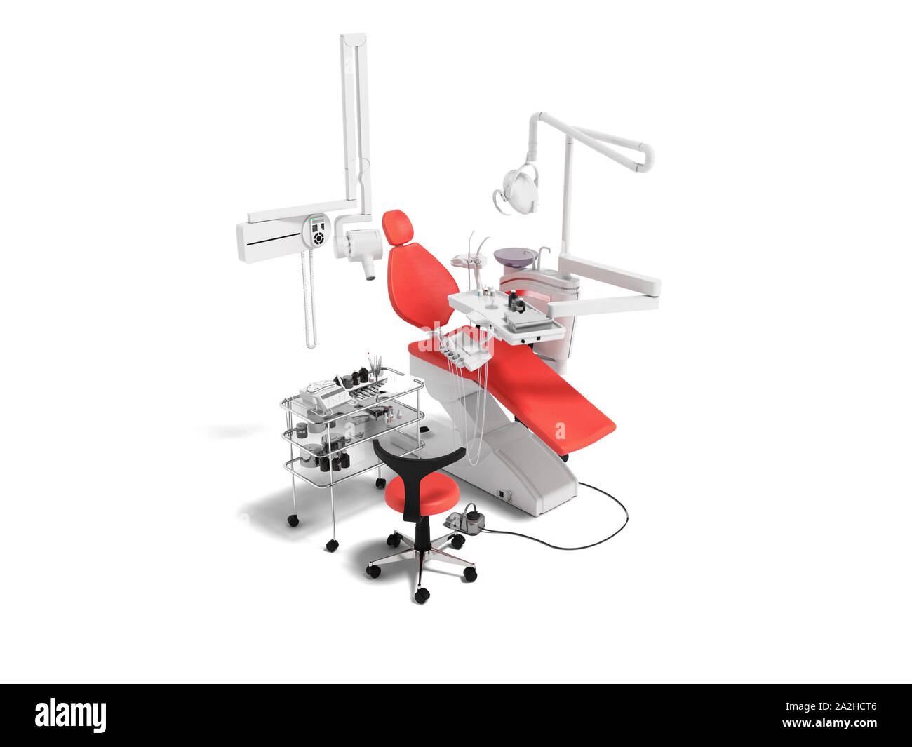 Modern red dental chair and bedside table with tools and appliances for ...