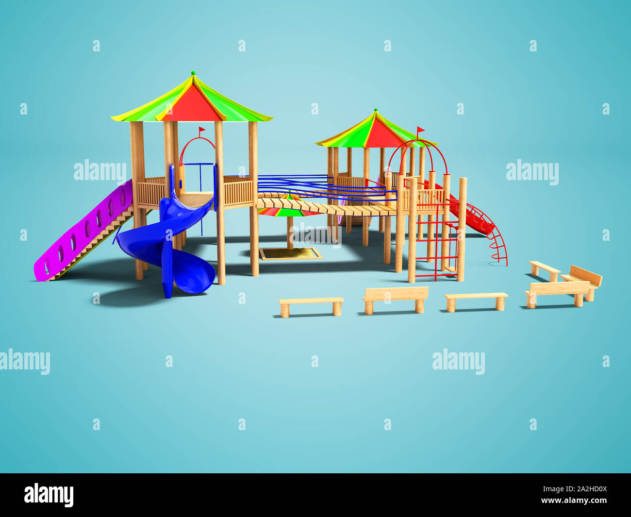Modern wooden playground for children with hanging ladders and slides ...