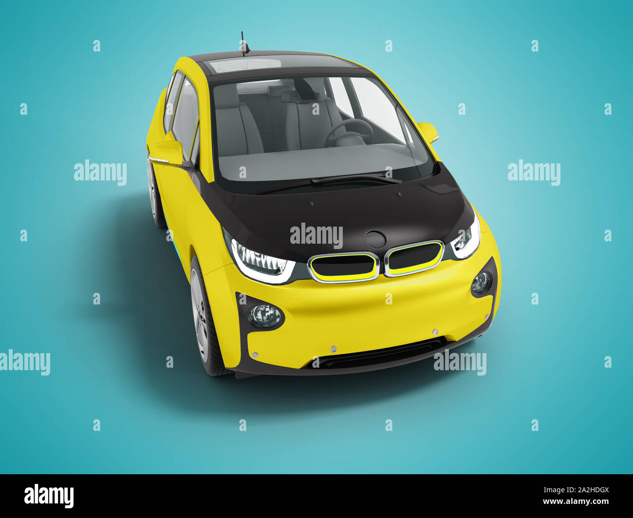 Modern yellow electric car with black insets 3d render isolated on blue ...