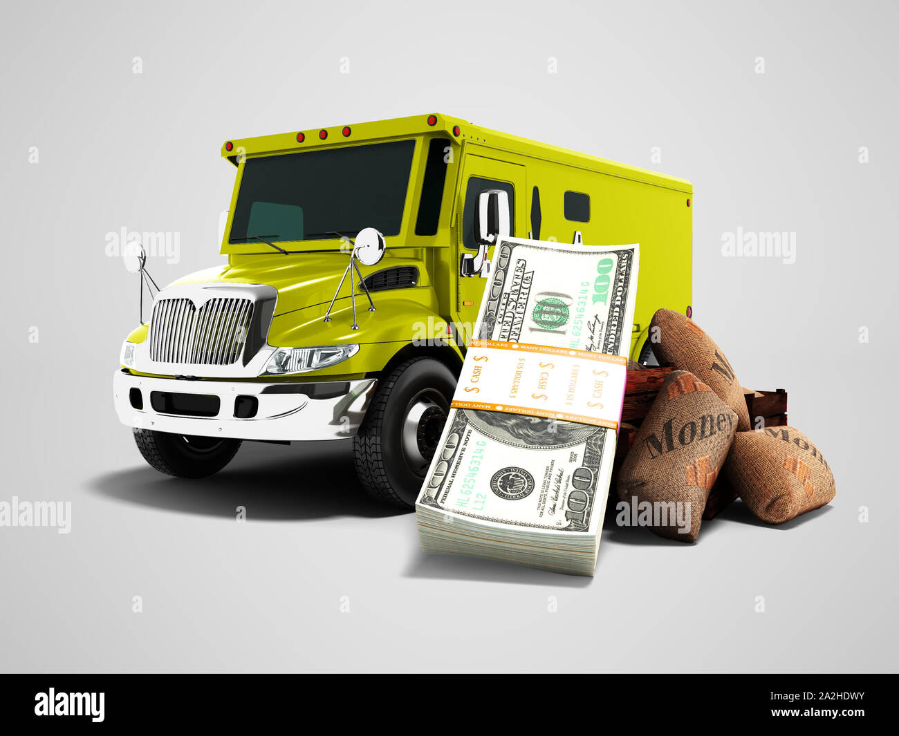 Modern money transport concept and stack of dolars in the bank yellow ...