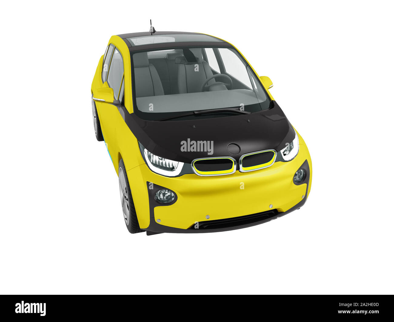 Modern yellow electric car with black insets 3d render isolated on ...