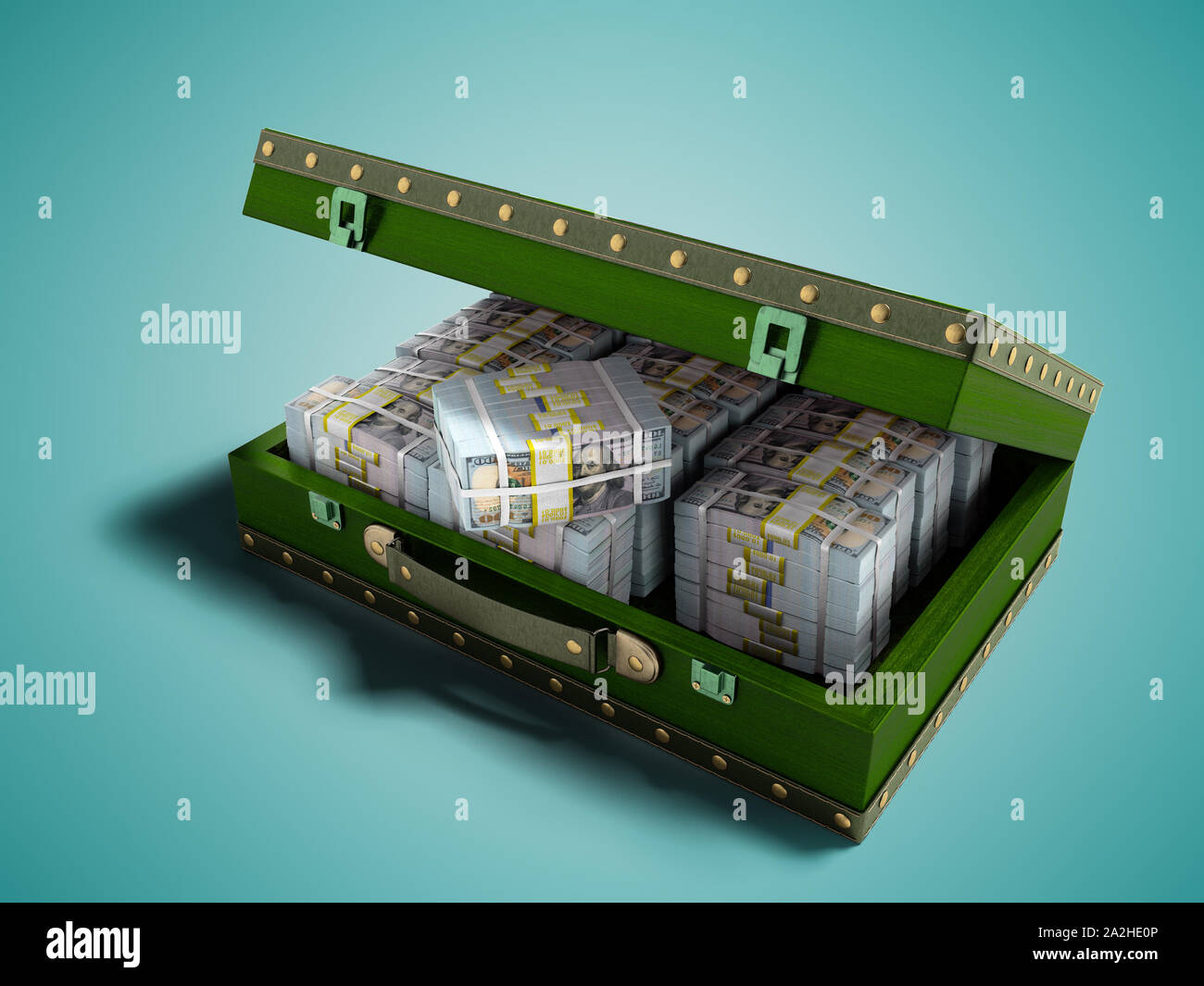 Wooden green suitcase with money stock of dollars inside with leather ...