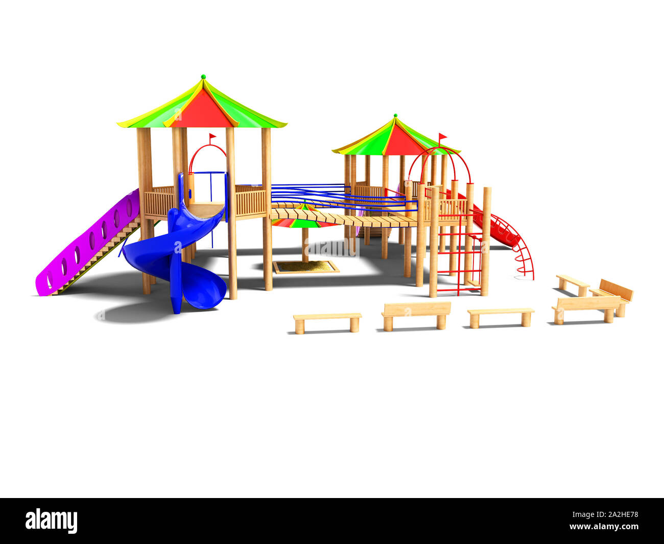 Modern wooden playground for children with hanging ladders and slides ...