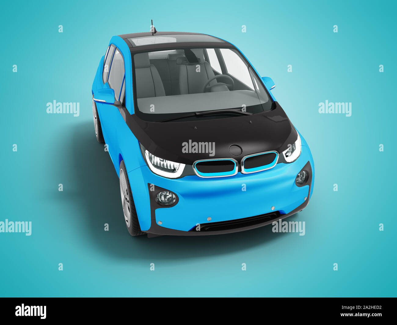Modern blue electric car with black insets 3d render isolated on blue ...