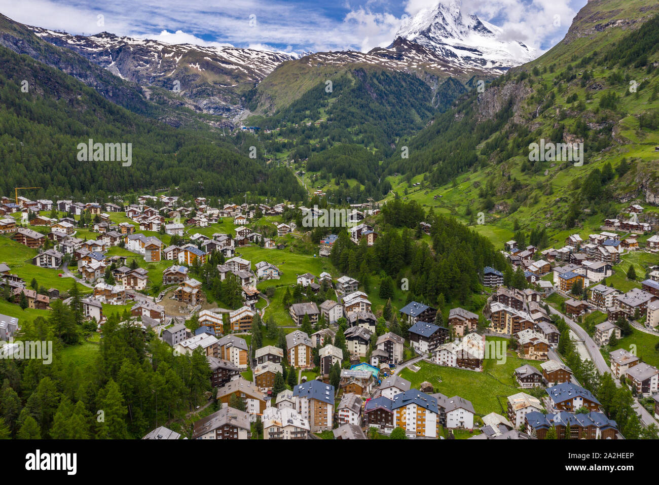 Spectacular aerial landscape of Zermatt valley and Matterhorn peak ...