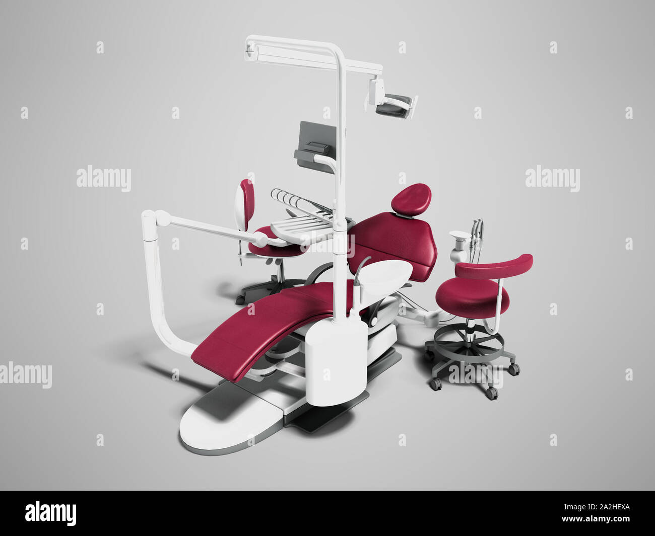 Modern cherry dental chair with white inserts with monitor on tripod ...