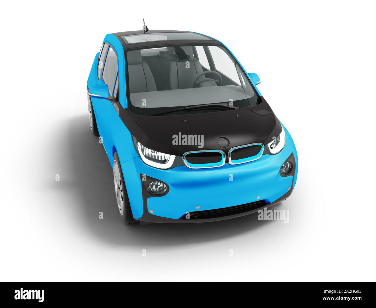 Modern blue electric car with black insets 3d render isolated on white ...