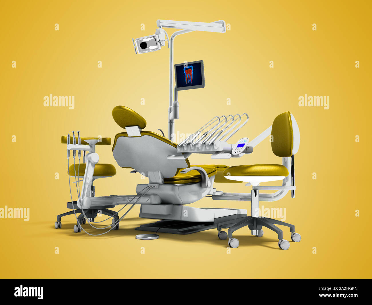 Modern gold dental chair and borax with backlight and monitor for work ...